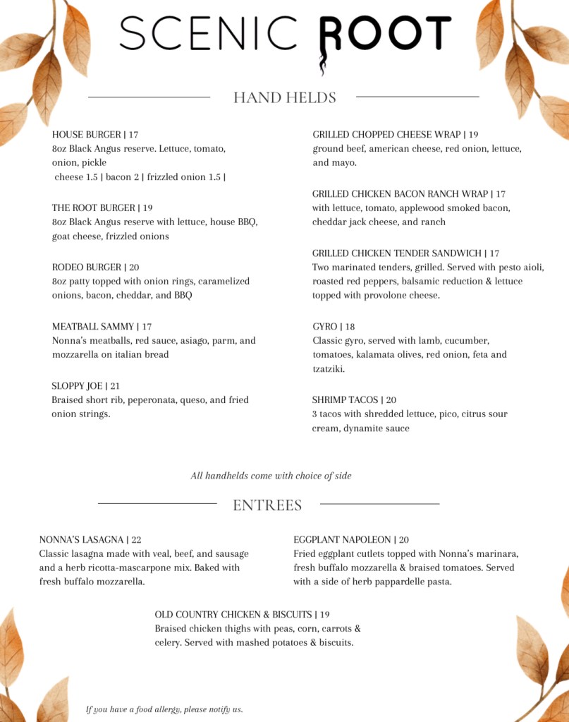 Menus – Scenic Root
